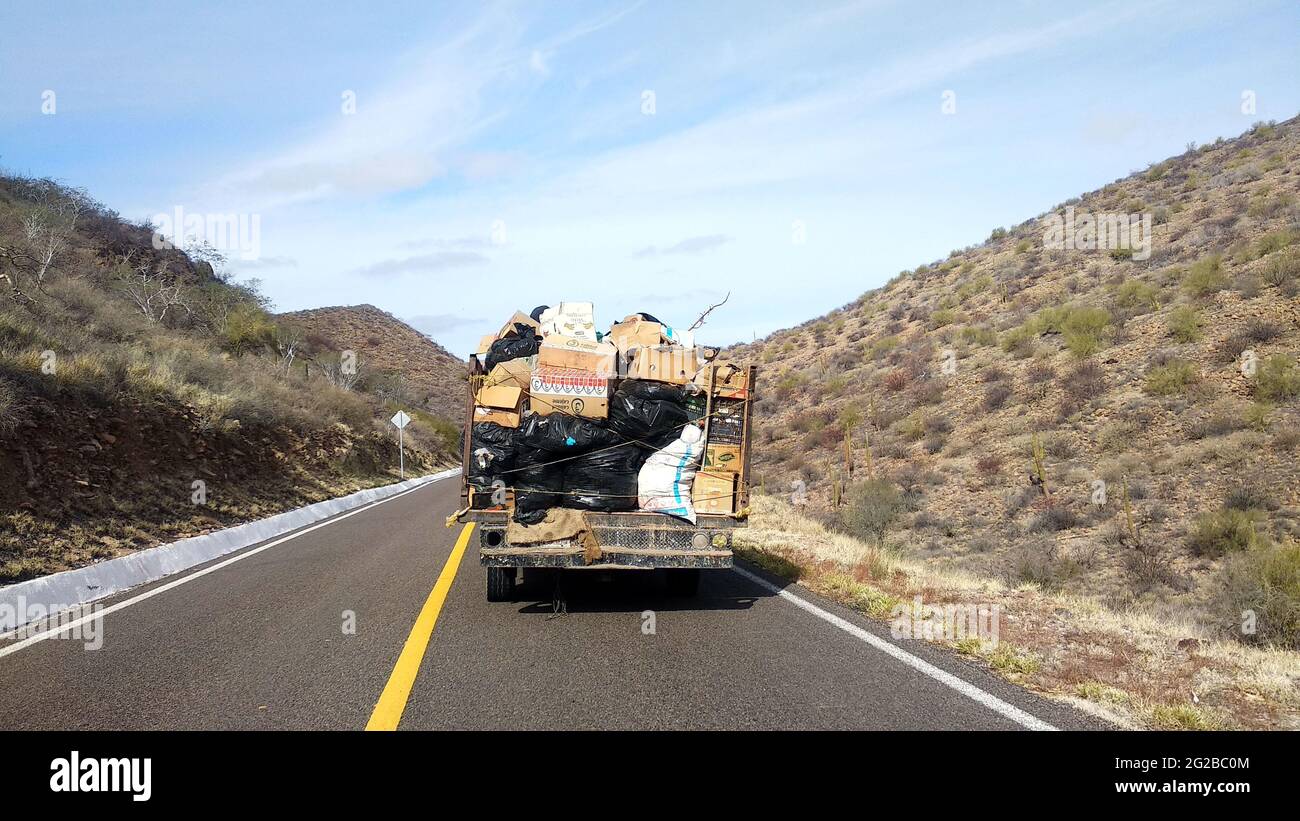 BAJA CALIFORNIA SUR, MEXICO - Jan 27, 2021: lorry transporting garbage ...