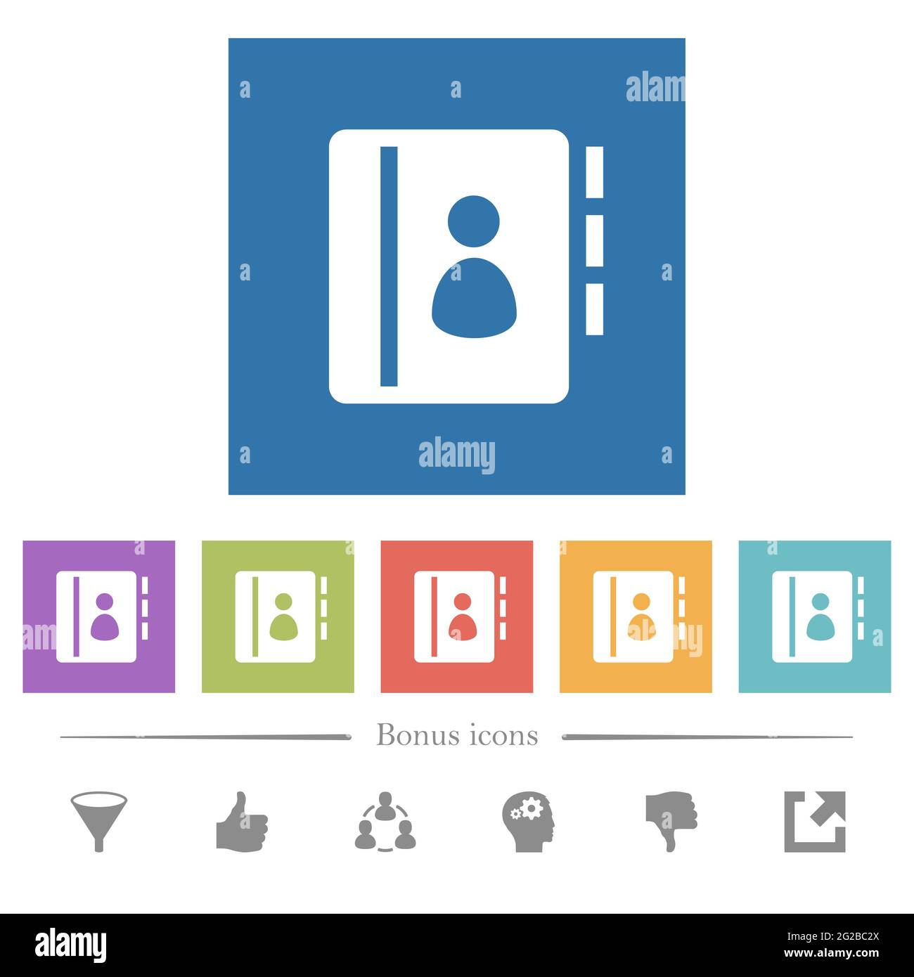 Contacts flat white icons in square backgrounds. 6 bonus icons included ...