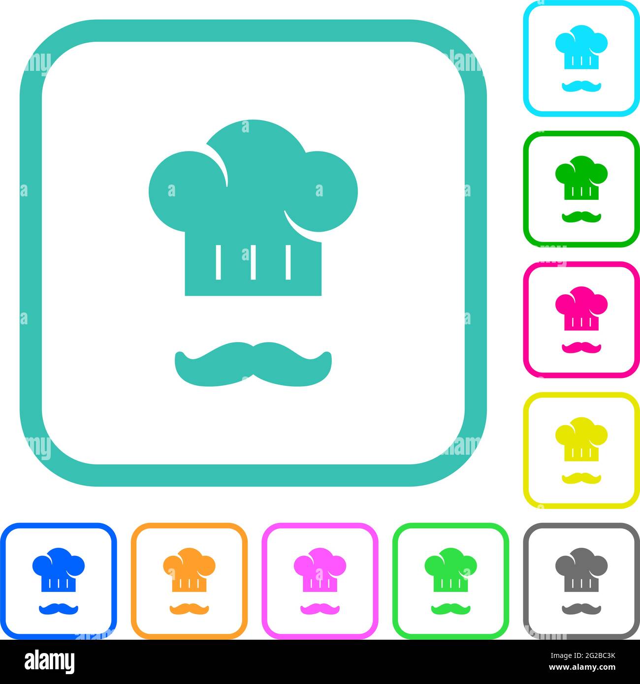 Chef hat and mustache vivid colored flat icons in curved borders on ...