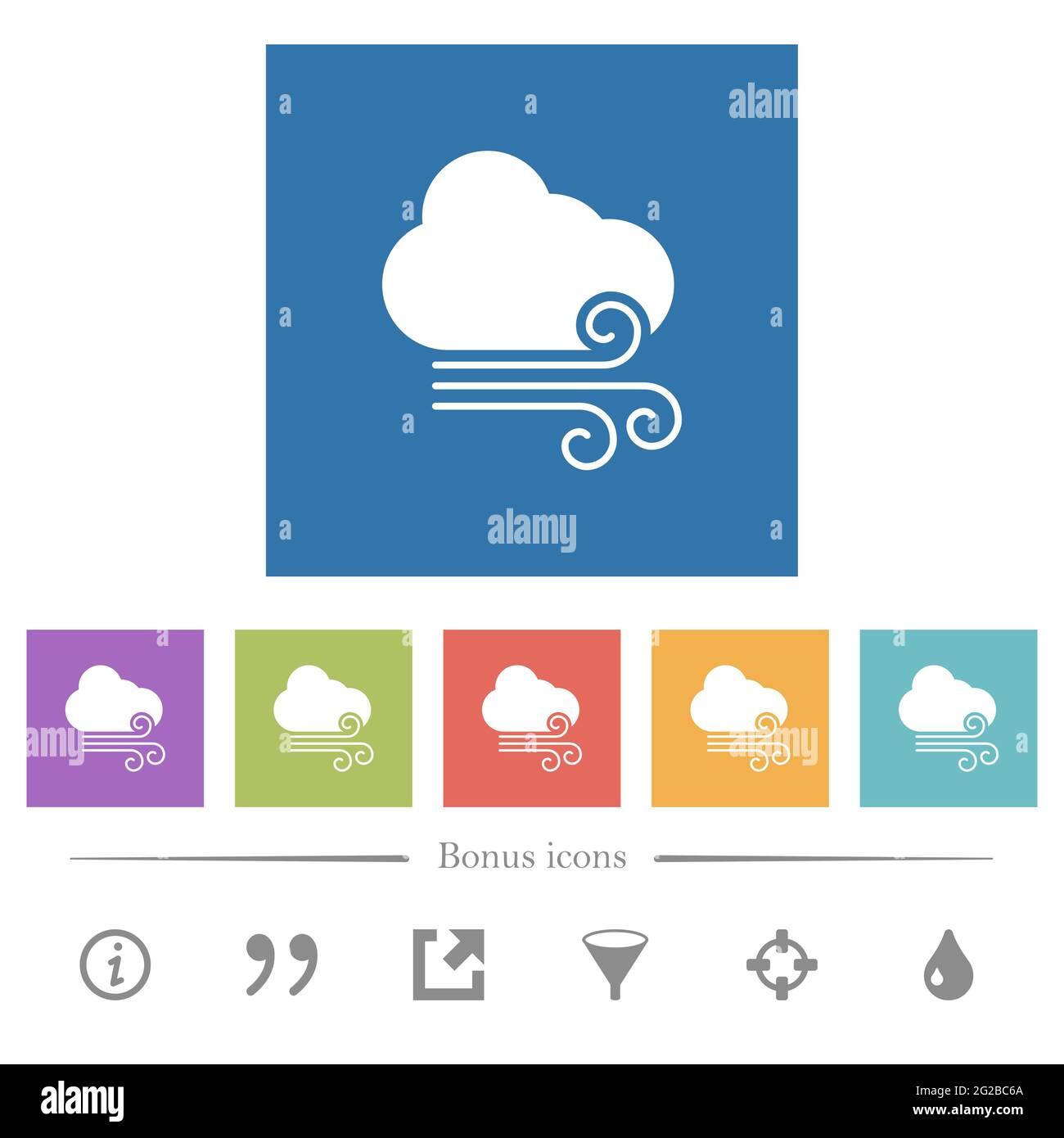 Windy weather flat white icons in square backgrounds. 6 bonus icons ...