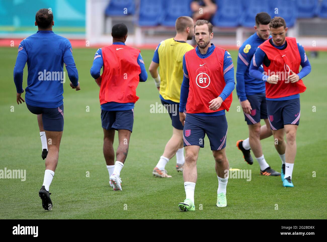 England's Harry Kane leads the players during the training session at ...
