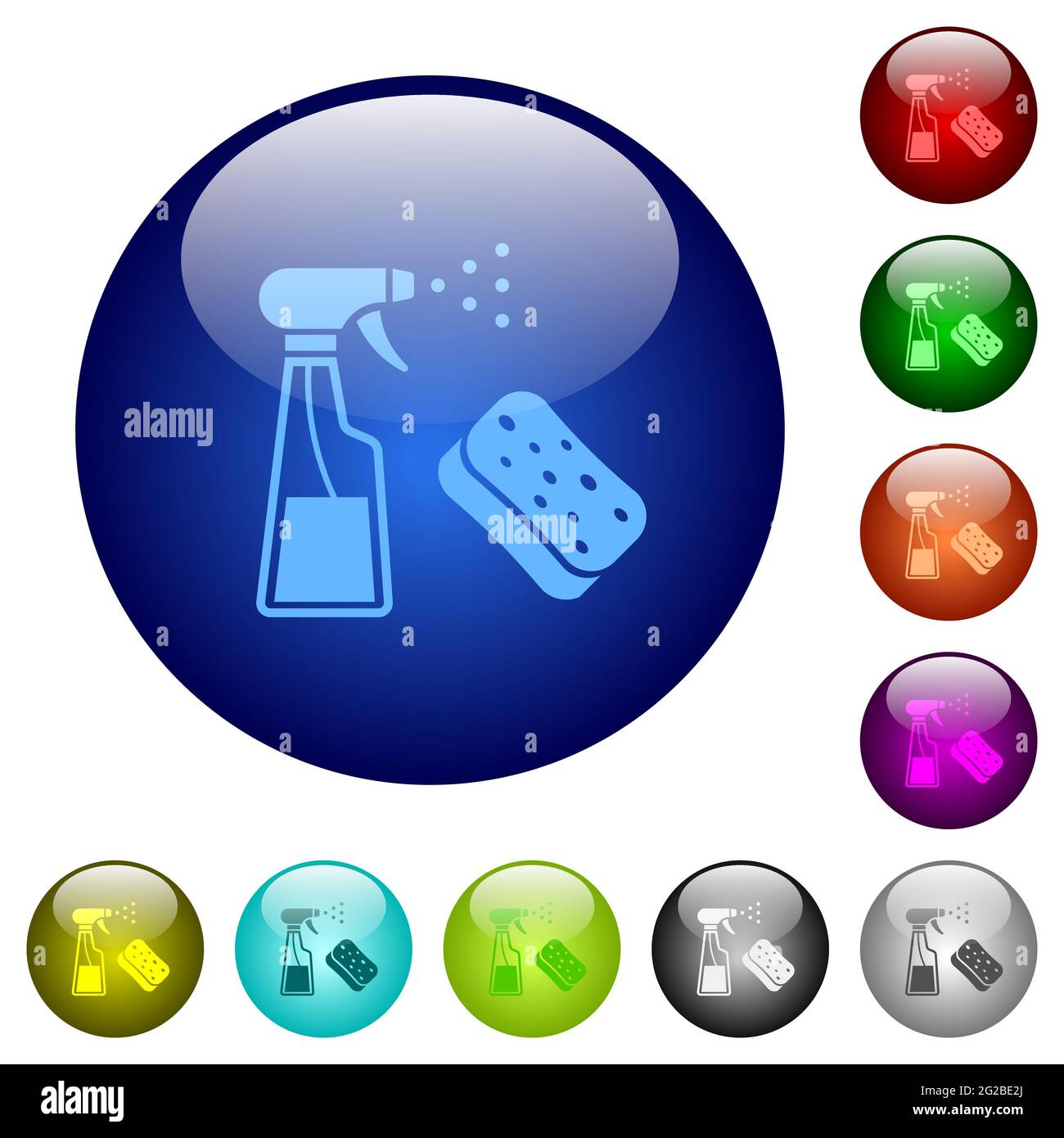 Spray bottle and sponge icons on round glass buttons in multiple colors ...