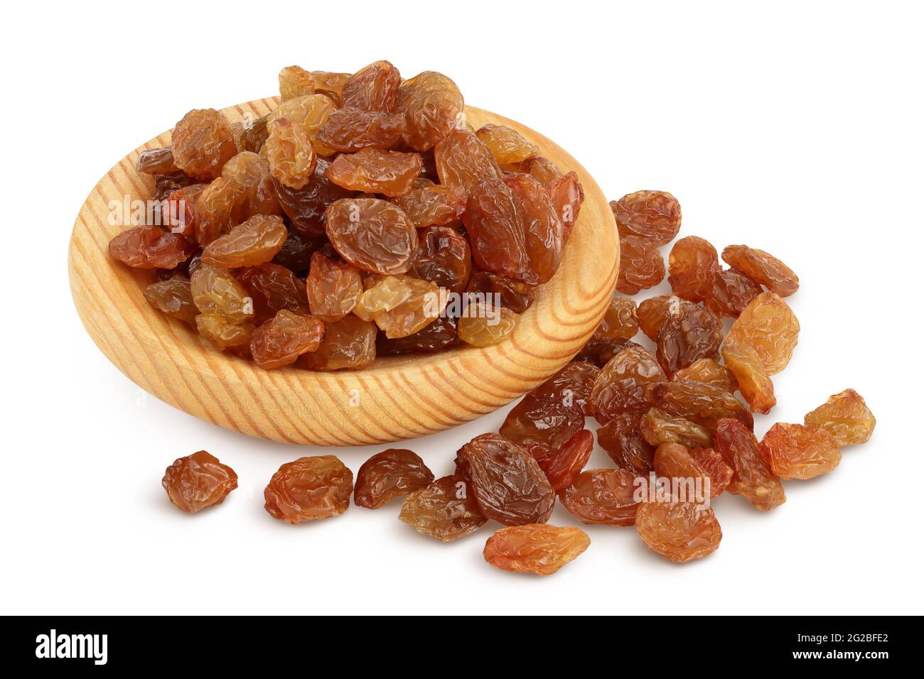 Brown raisins in wooden bowl isolated on white background with clipping ...