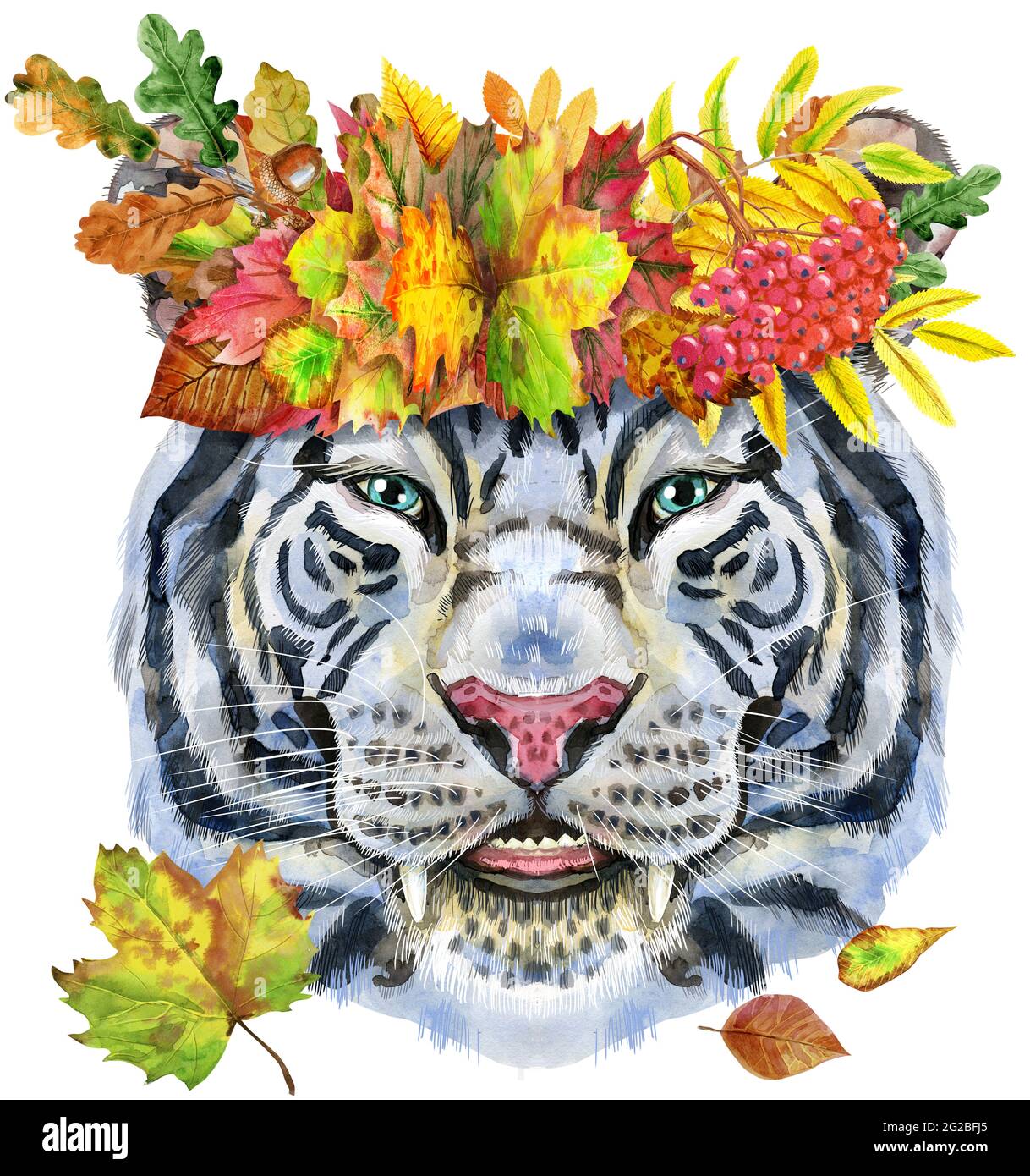 Watercolor illustration of white smiling tiger in a wreath of autumn ...