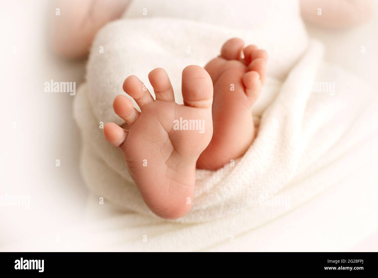 Tiny feet of a newborn on a white background. Protruding fingers ...