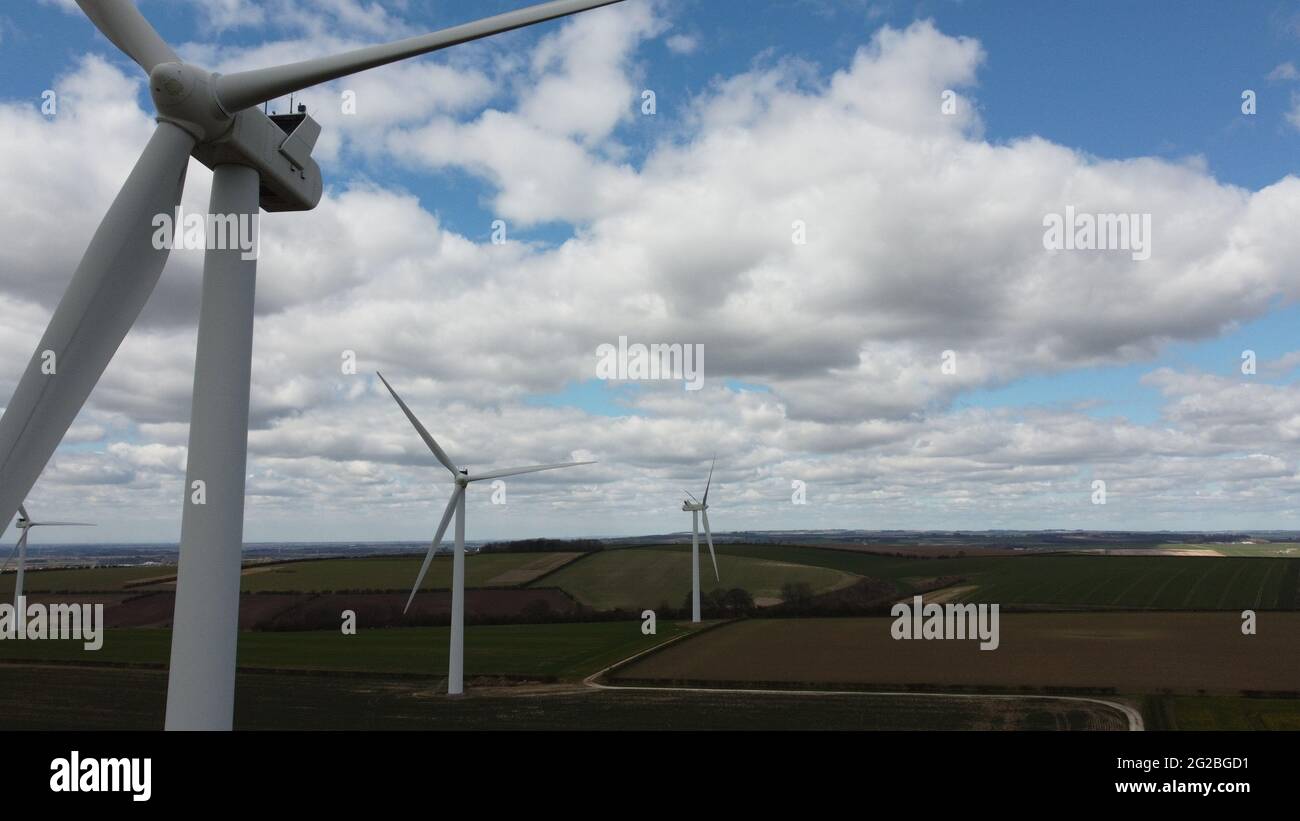 Aerial view of wind turbines at Sancton Hill Wind Farm, East Riding of ...