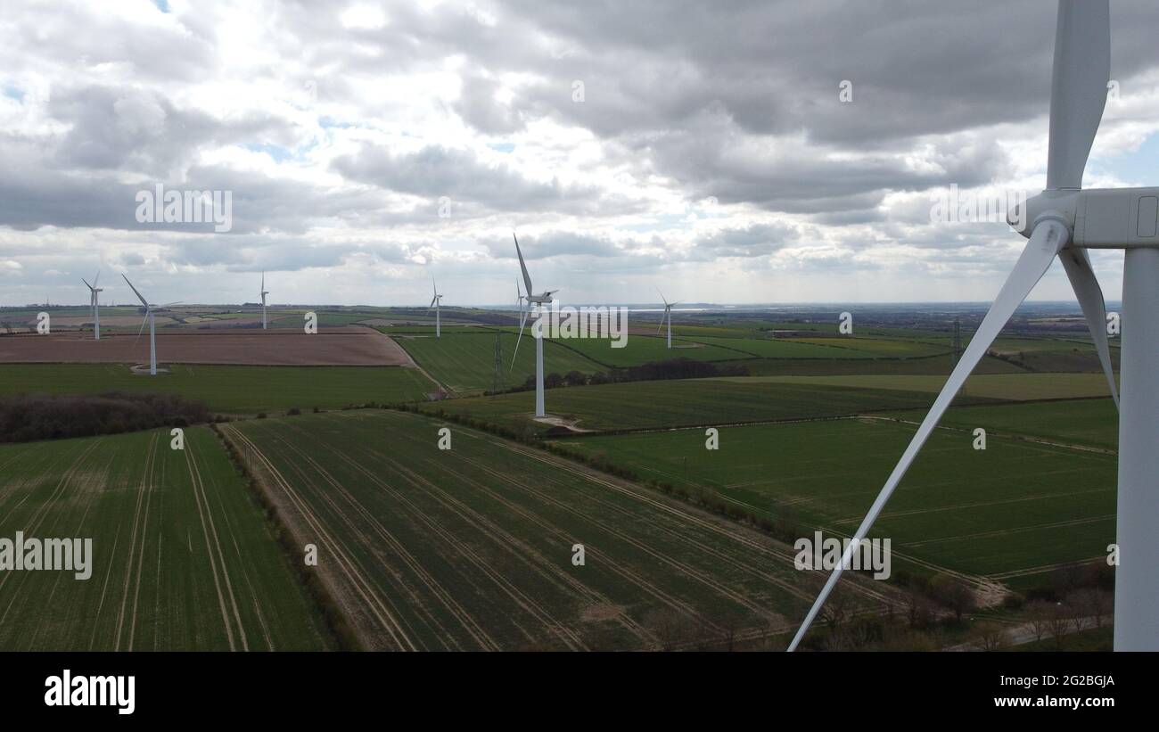 Aerial view of wind turbines at Sancton Hill Wind Farm, East Riding of ...