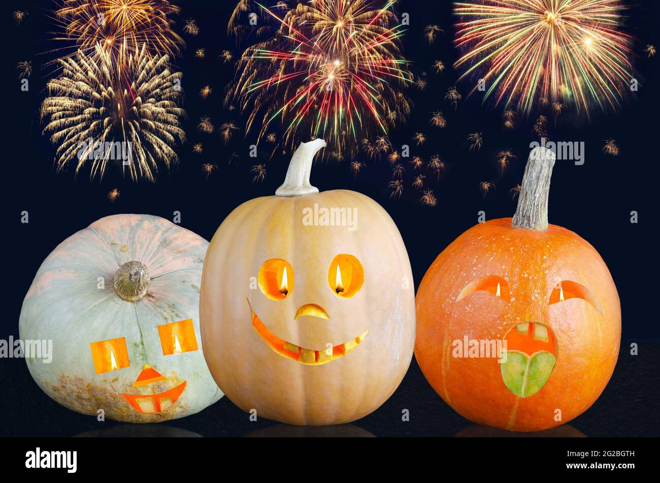 Scary and fun Halloween pumpkins on the background of the night sky and ...