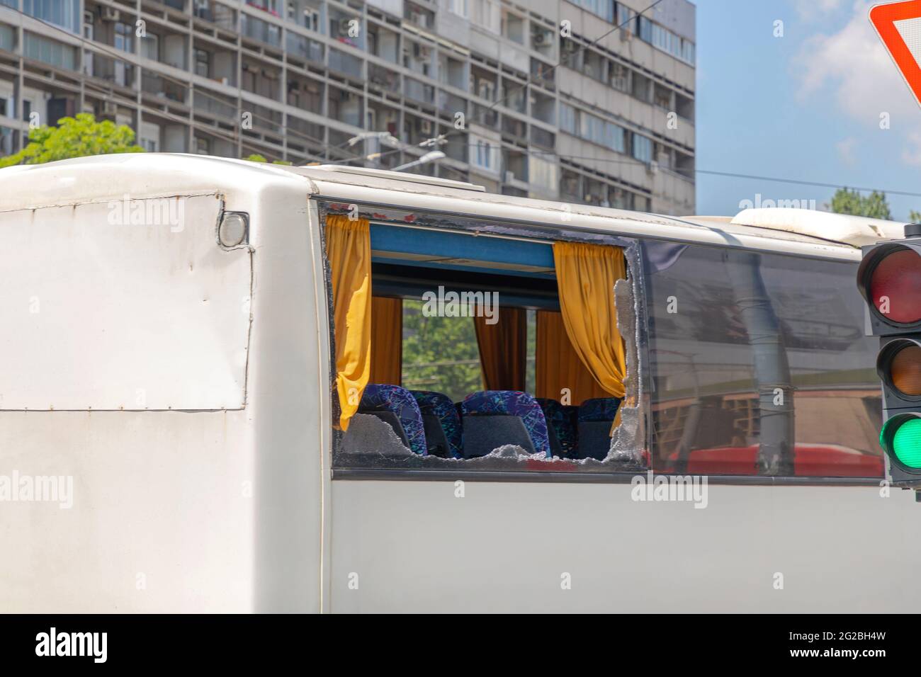 Broken Window Damage at Coach Bus Transport Problem Stock Photo - Alamy