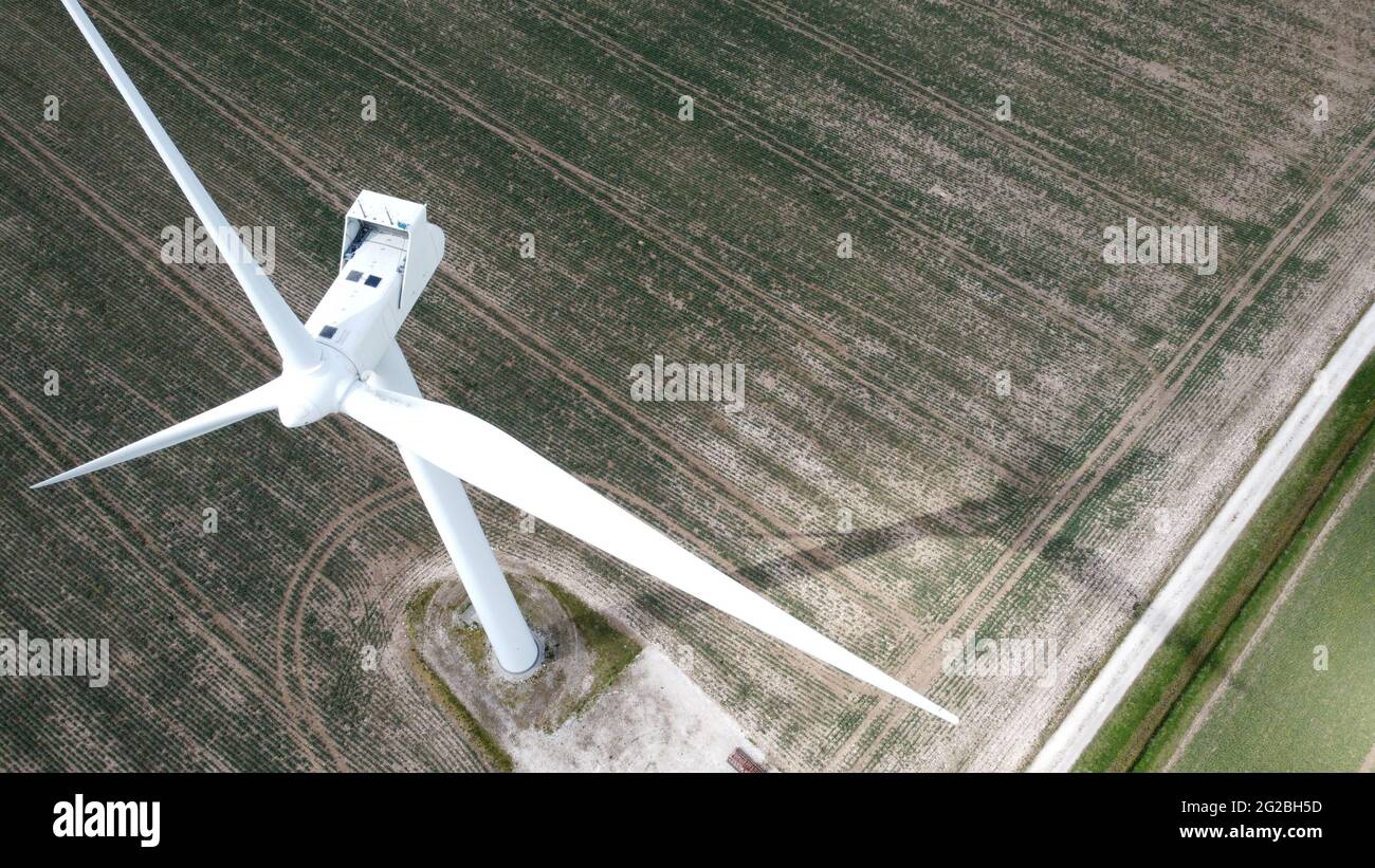 Aerial view of wind turbines at Sancton Hill Wind Farm, East Riding of ...