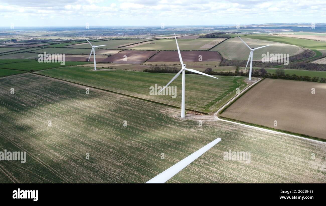 Aerial view of wind turbines at Sancton Hill Wind Farm, East Riding of ...