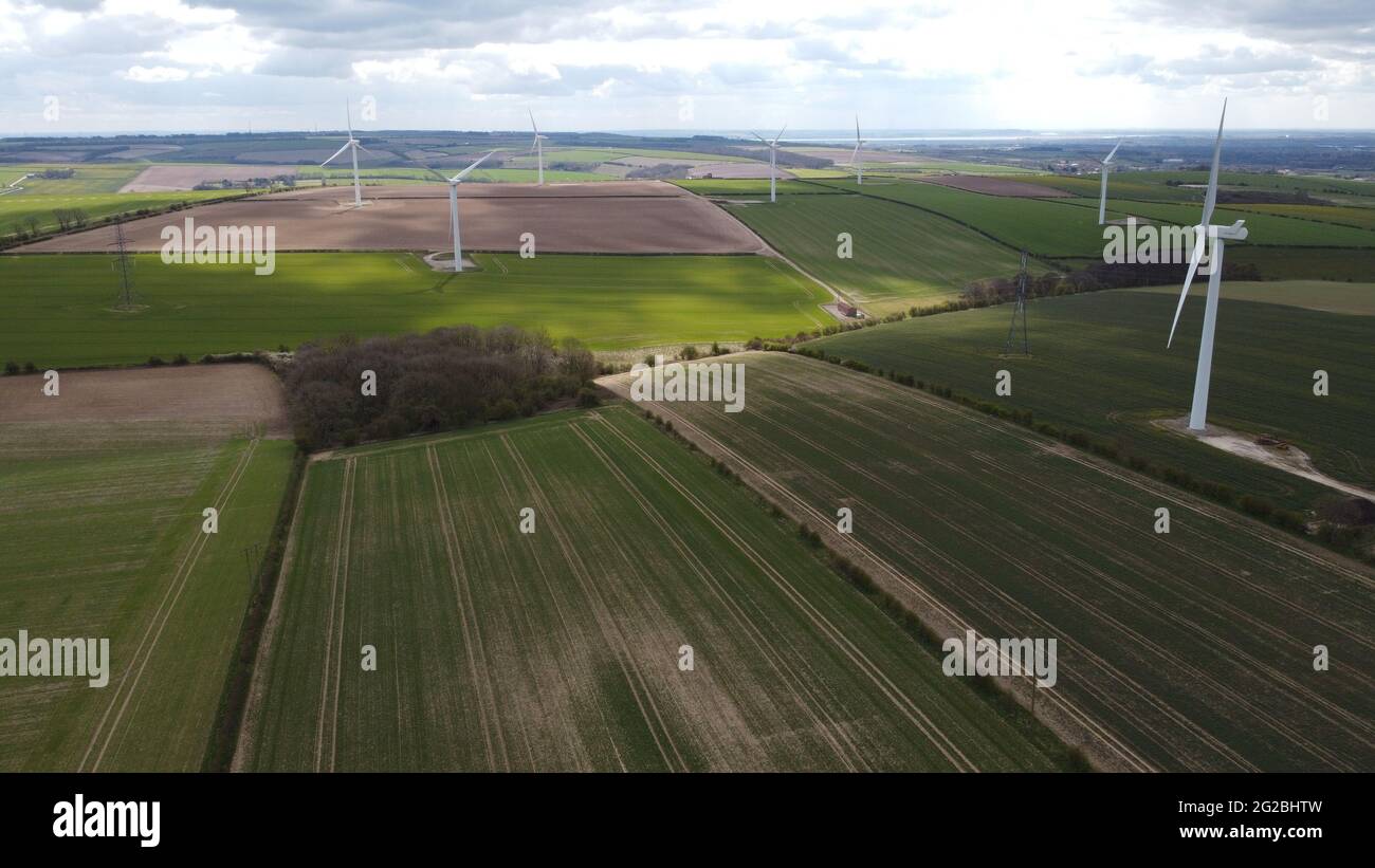 Aerial view of wind turbines at Sancton Hill Wind Farm, East Riding of ...
