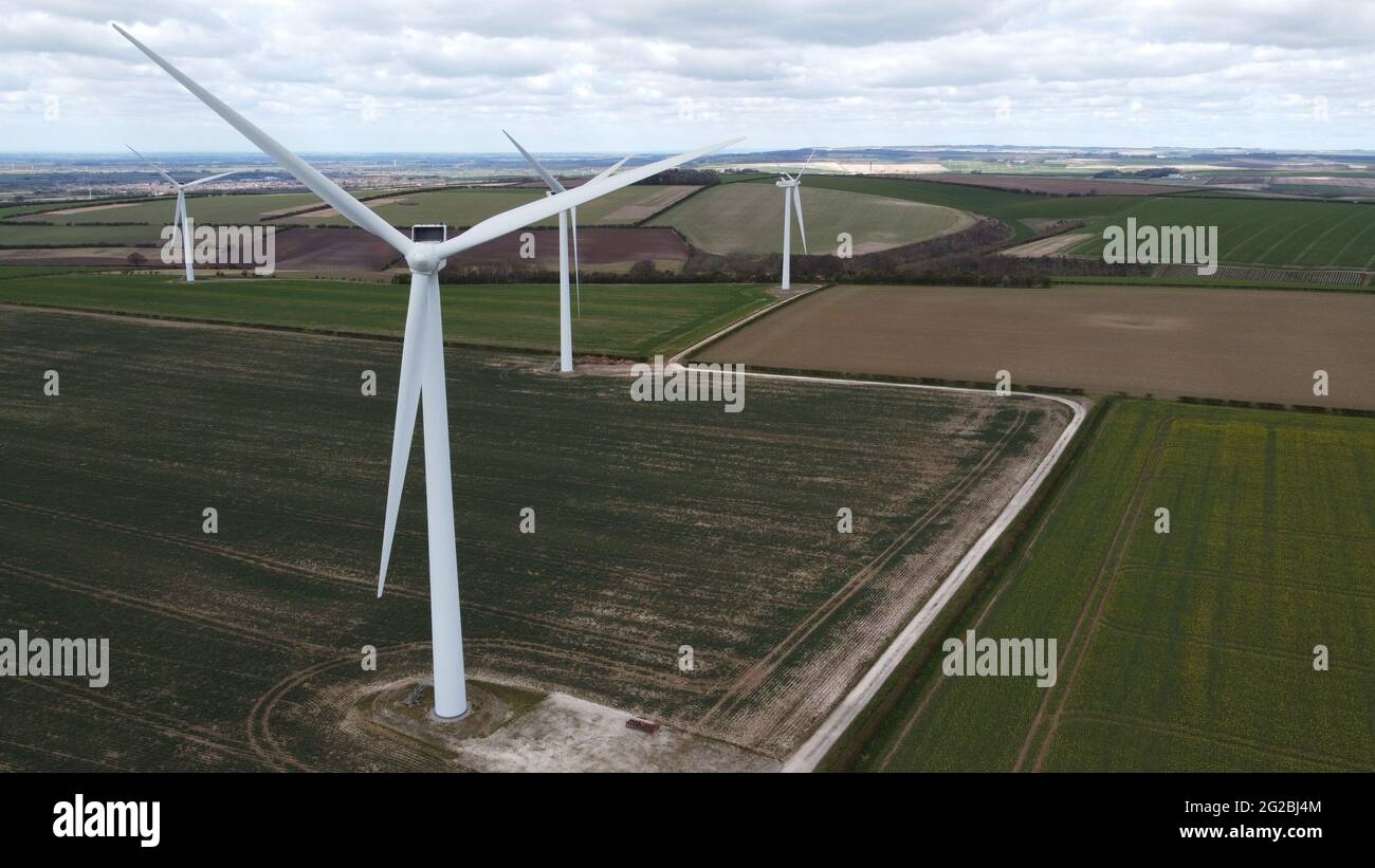 Aerial view of wind turbines at Sancton Hill Wind Farm, East Riding of ...