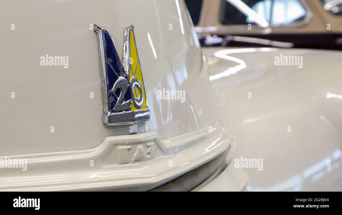 Detail, sign or logo of the old Soviet car Gaz-M20 Pobeda. An old ...