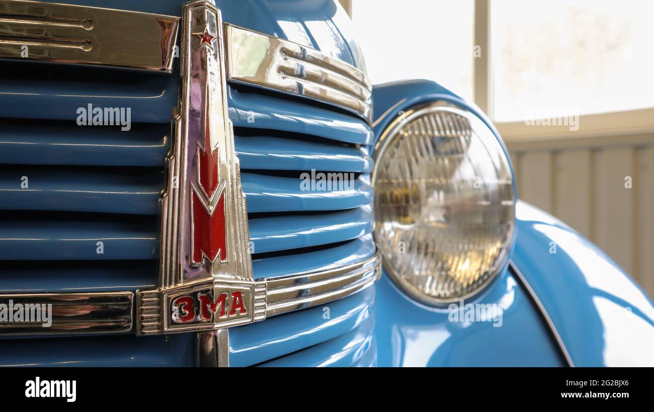 Soviet retro car Moskvich-401 passenger cabriolet blue close-up at the ...