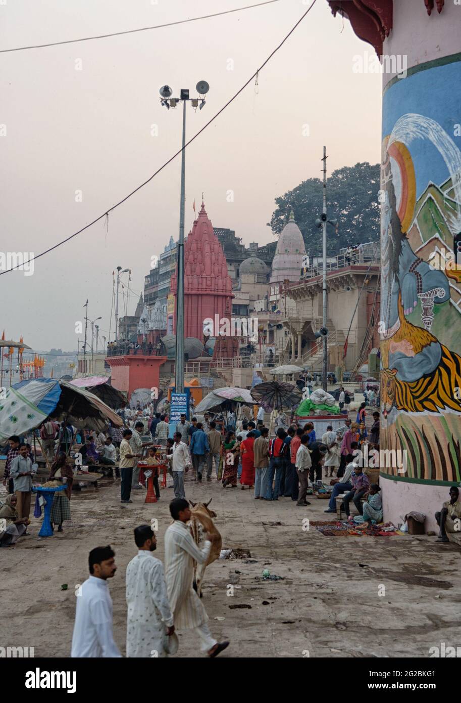 The busy steps leading to the River Ganges along the riverside in ...