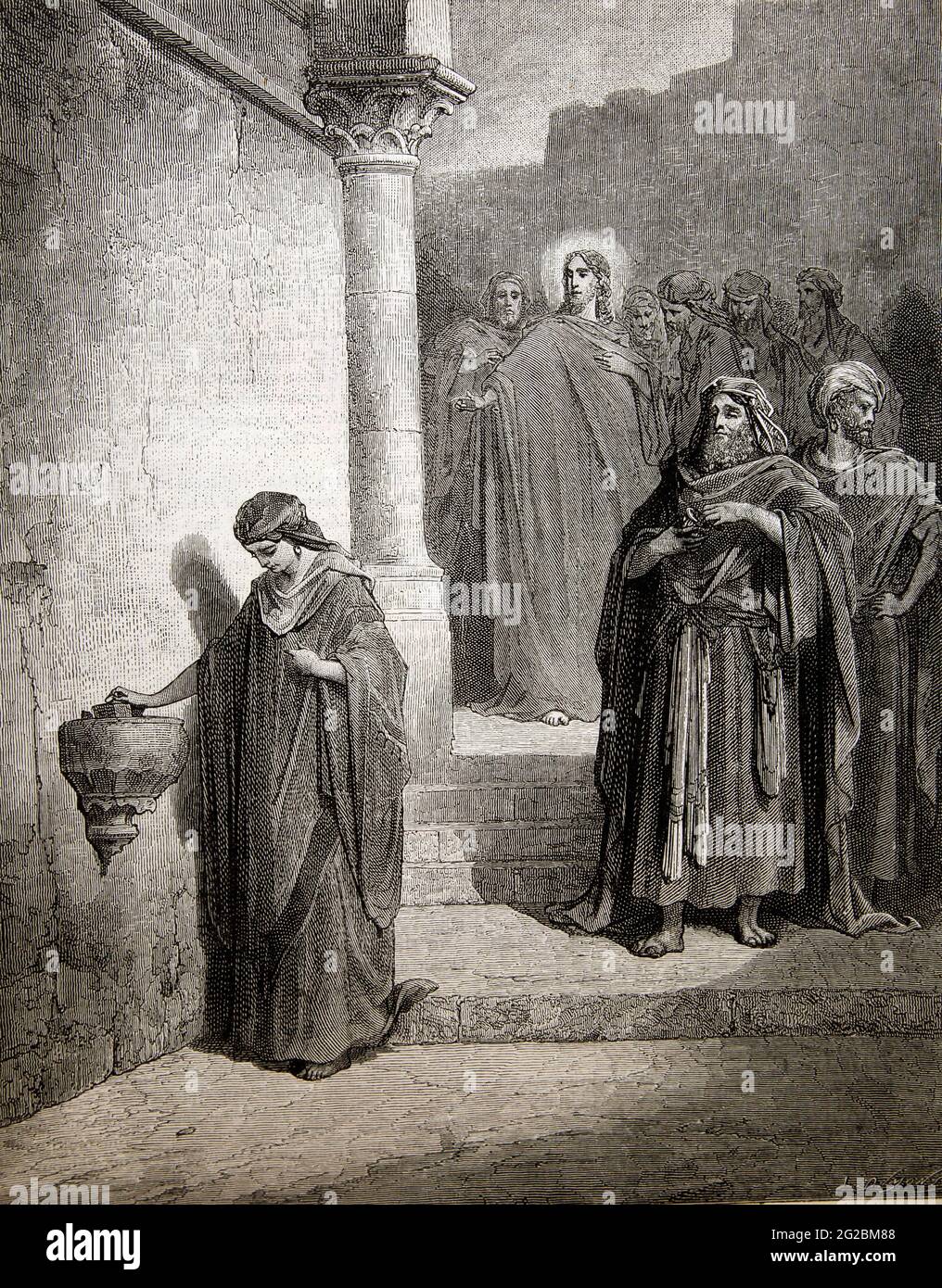 Bible Story Illustration of "The Widow's Mite" Jesus Christ with his ...