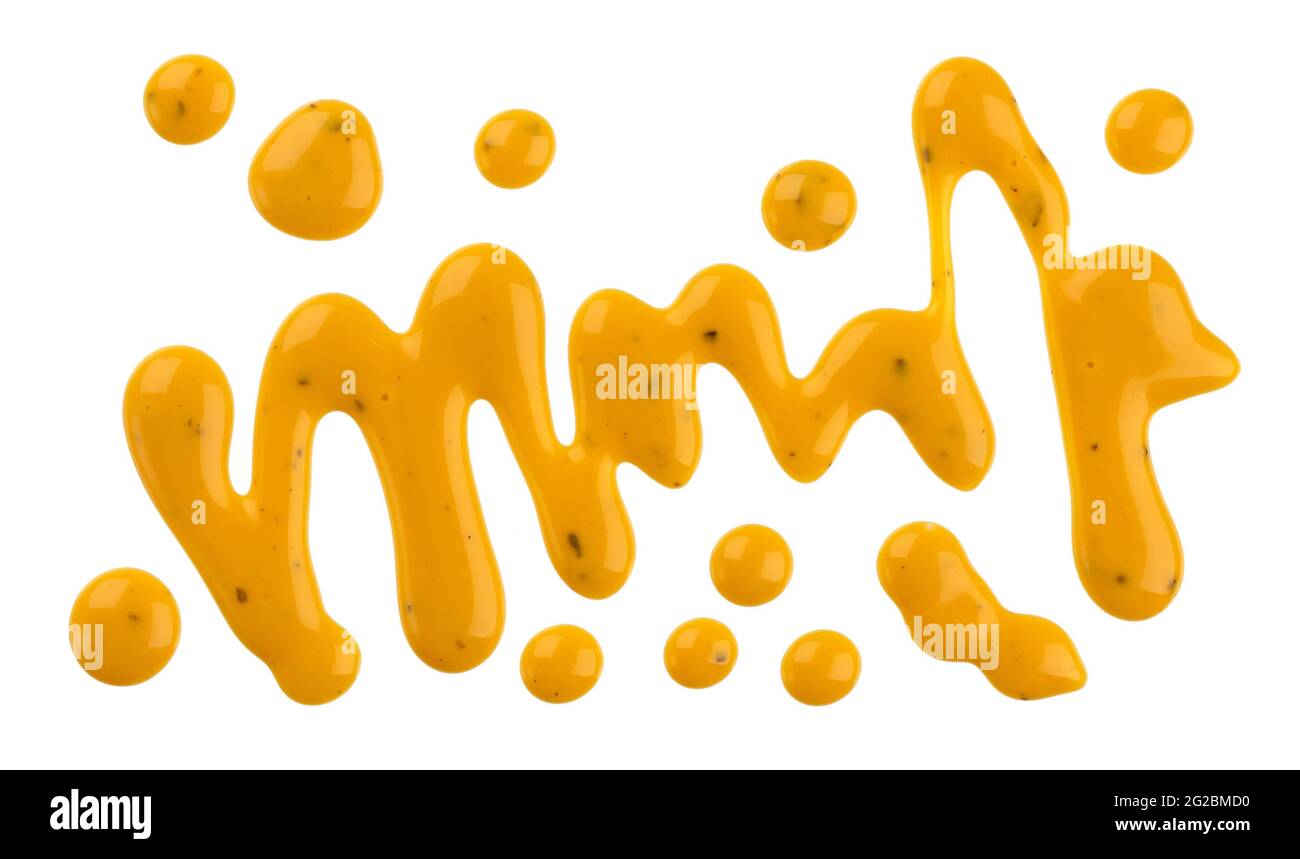 Honey mustard sauce. Splashes and spilled salad dressing isolated on ...