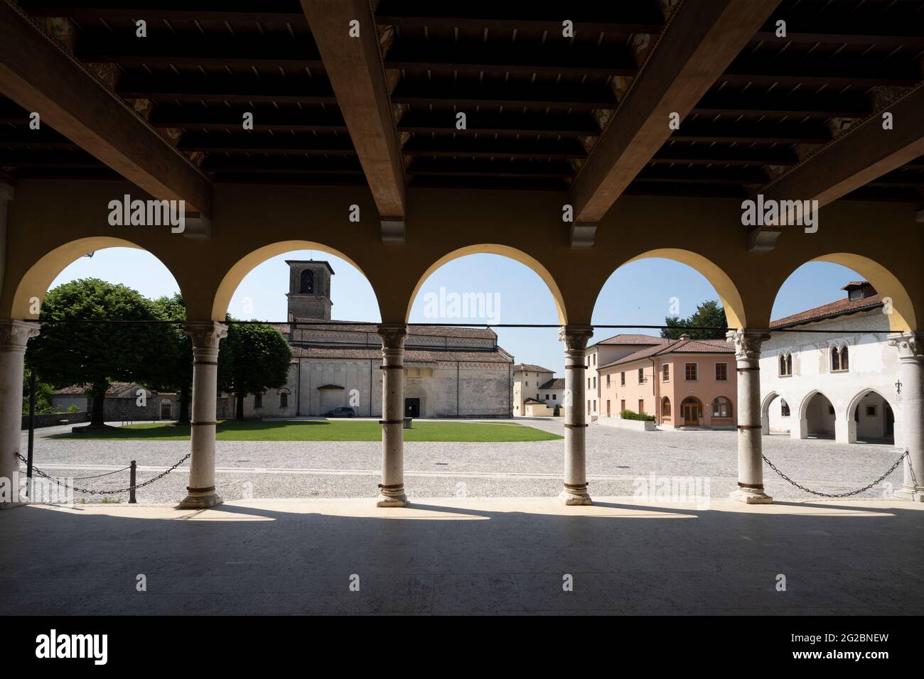 Spilimbergo, Italy. June 3 2021. view of the Duomo square from under ...