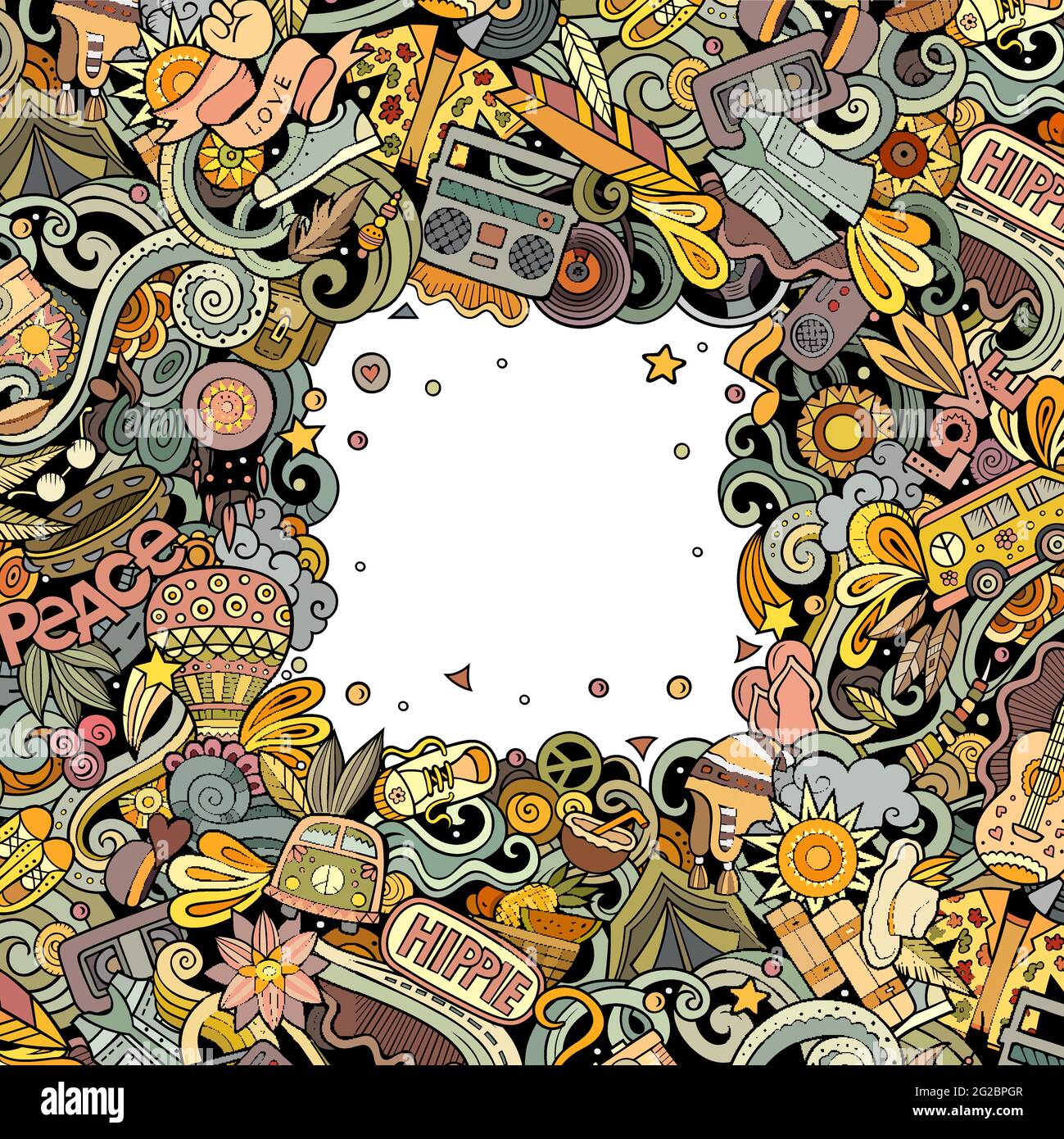 Hippie hand drawn vector doodles illustration. Hippy frame card design. Young people elements ...