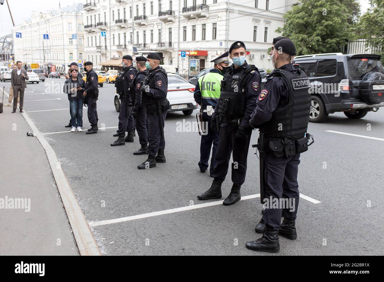 Moscow, Russia - 09 June 2021, Police officers in uniform and medical ...