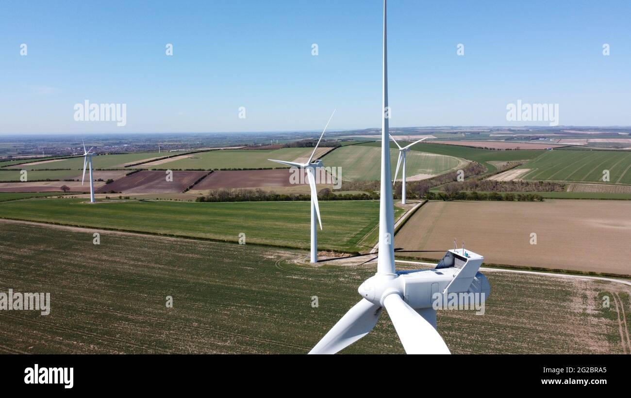 Aerial view of wind turbines at Sancton Hill Wind Farm, East Riding of ...