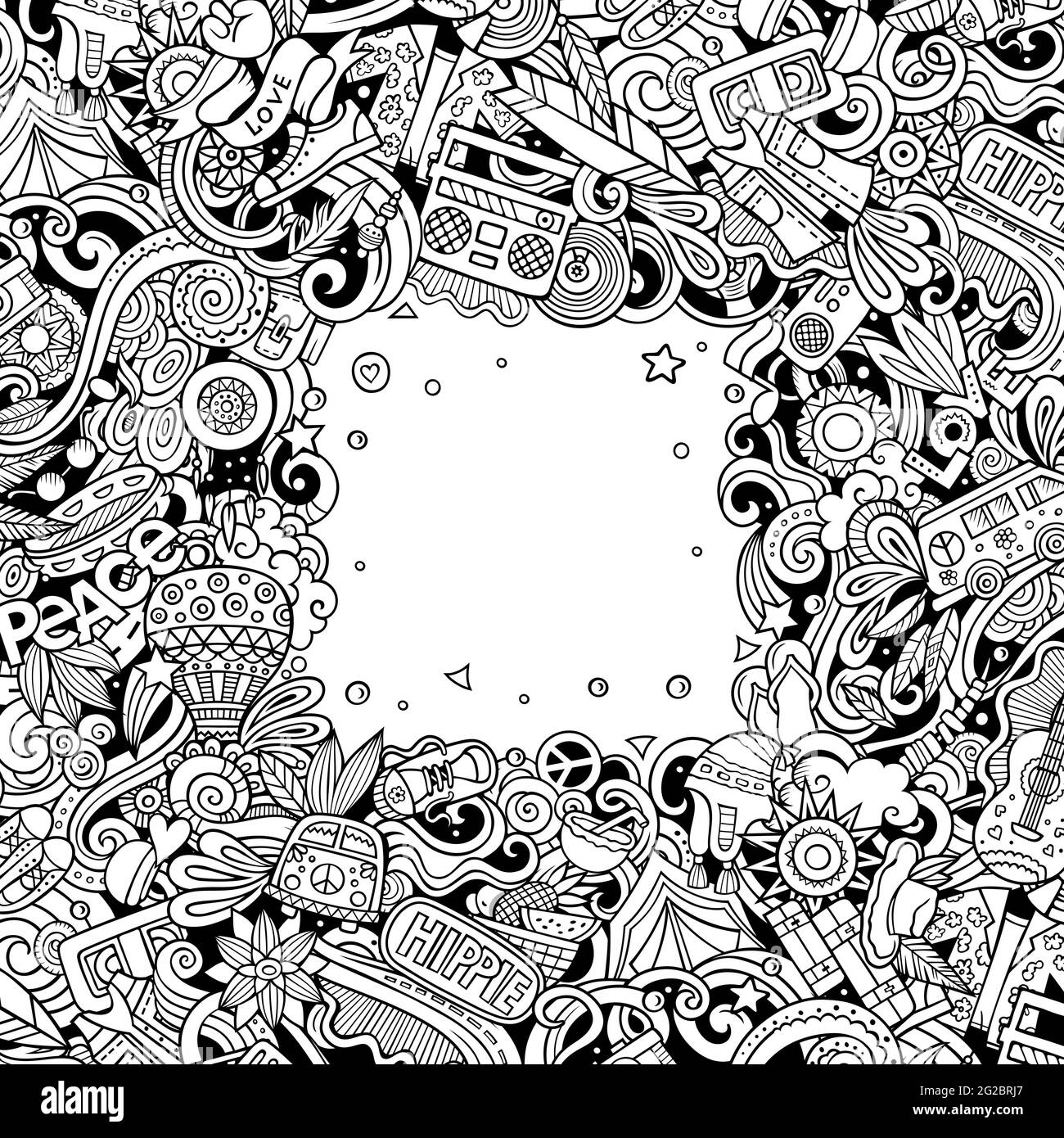 Hippie hand drawn vector doodles illustration. Hippy frame card design ...