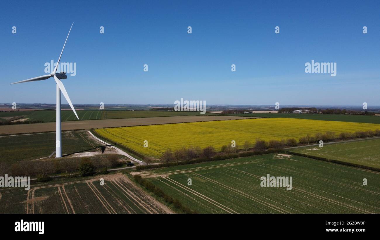 Aerial view of wind turbines at Sancton Hill Wind Farm, East Riding of ...