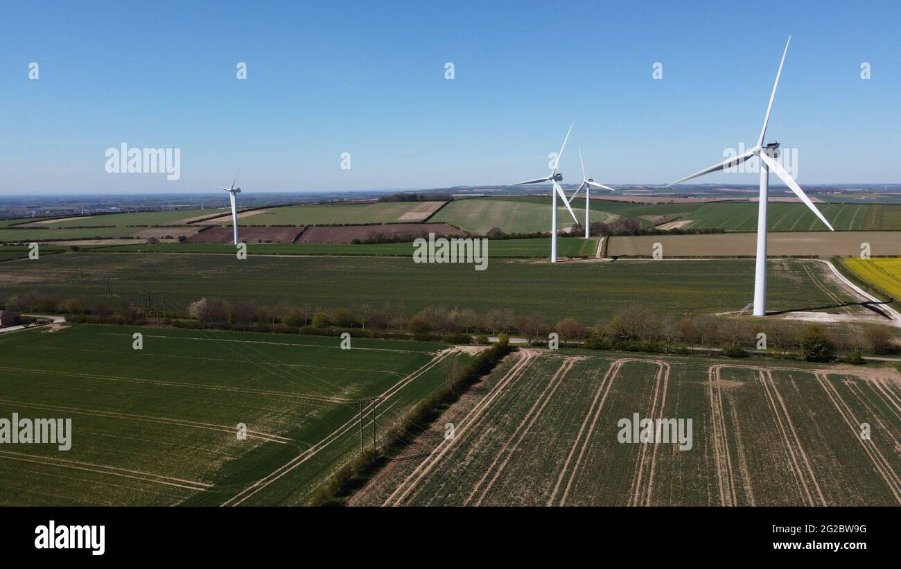 Aerial view of wind turbines at Sancton Hill Wind Farm, East Riding of ...