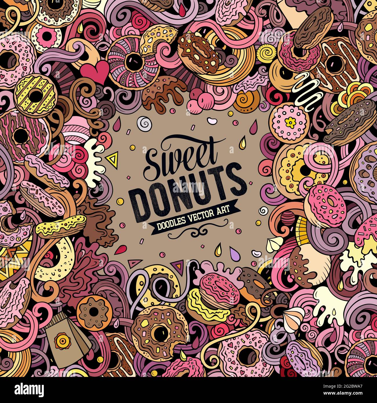 Donuts hand drawn vector doodles illustration. Sweets frame card design ...