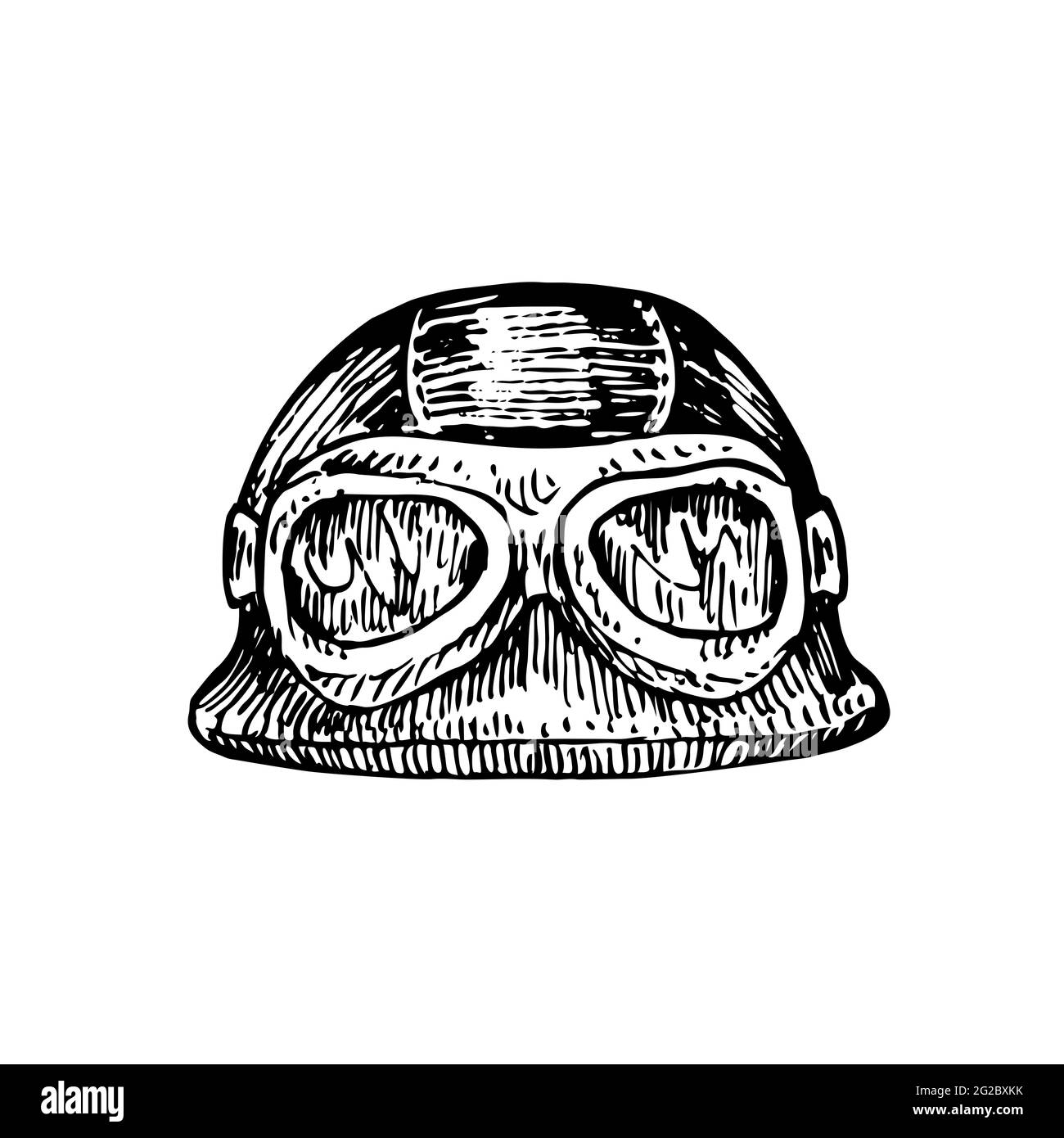 Retro motorcycle helmet with glasses, gravure style ink drawing ...