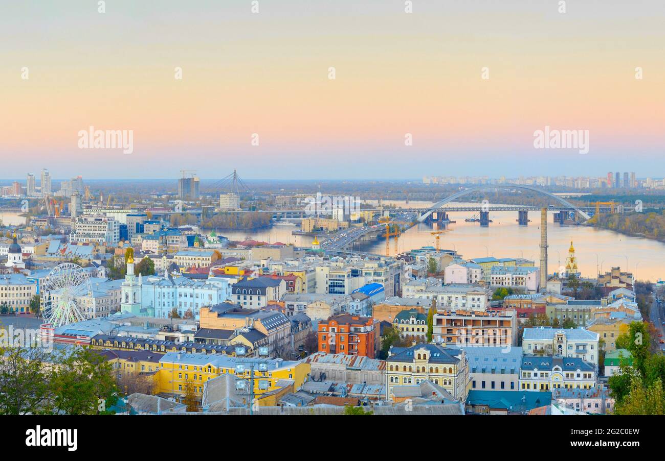 Sunset view of Podil - historical district on the bank of Dnipro river ...