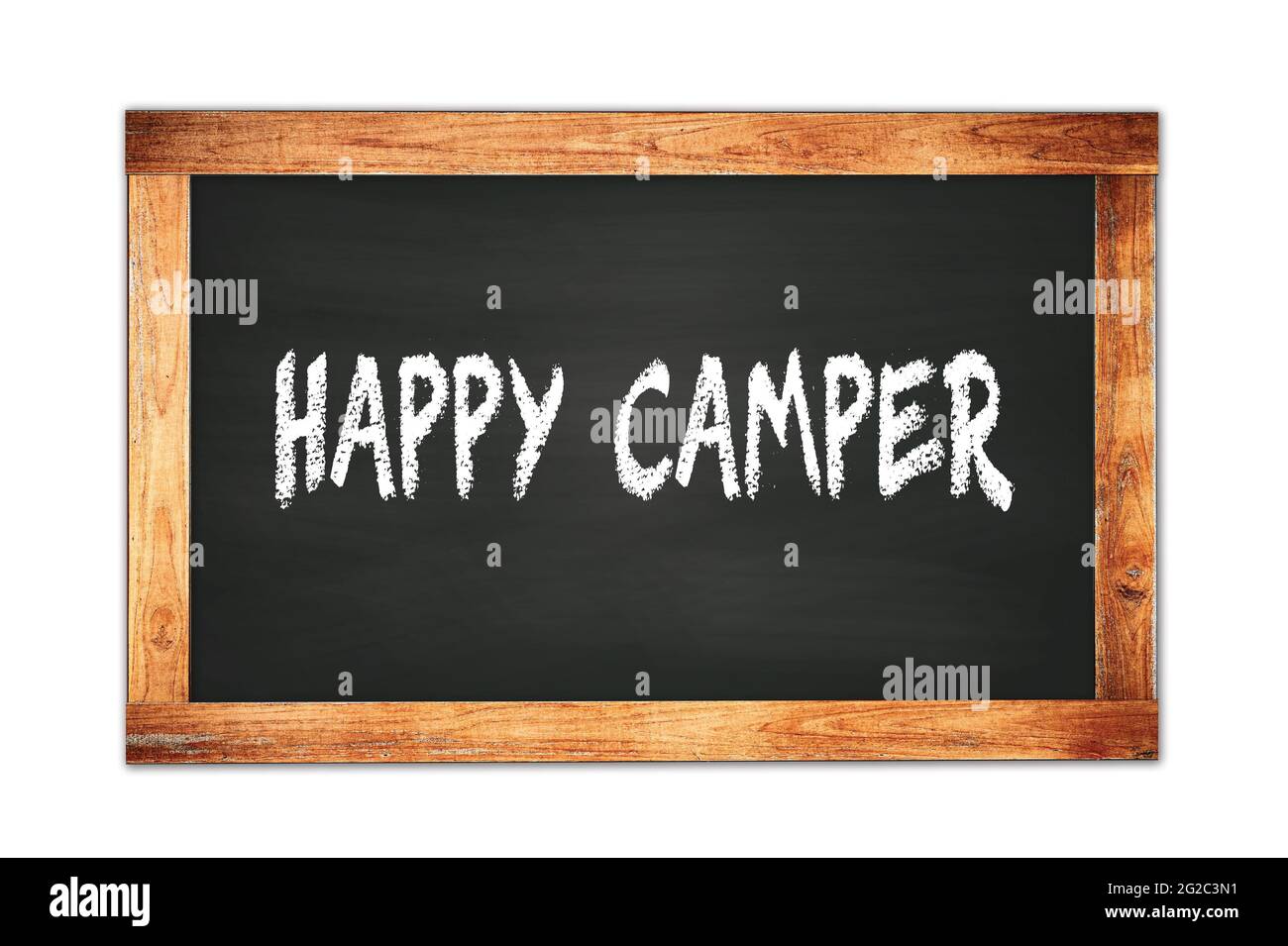 HAPPY CAMPER text written on black wooden frame school blackboard Stock ...