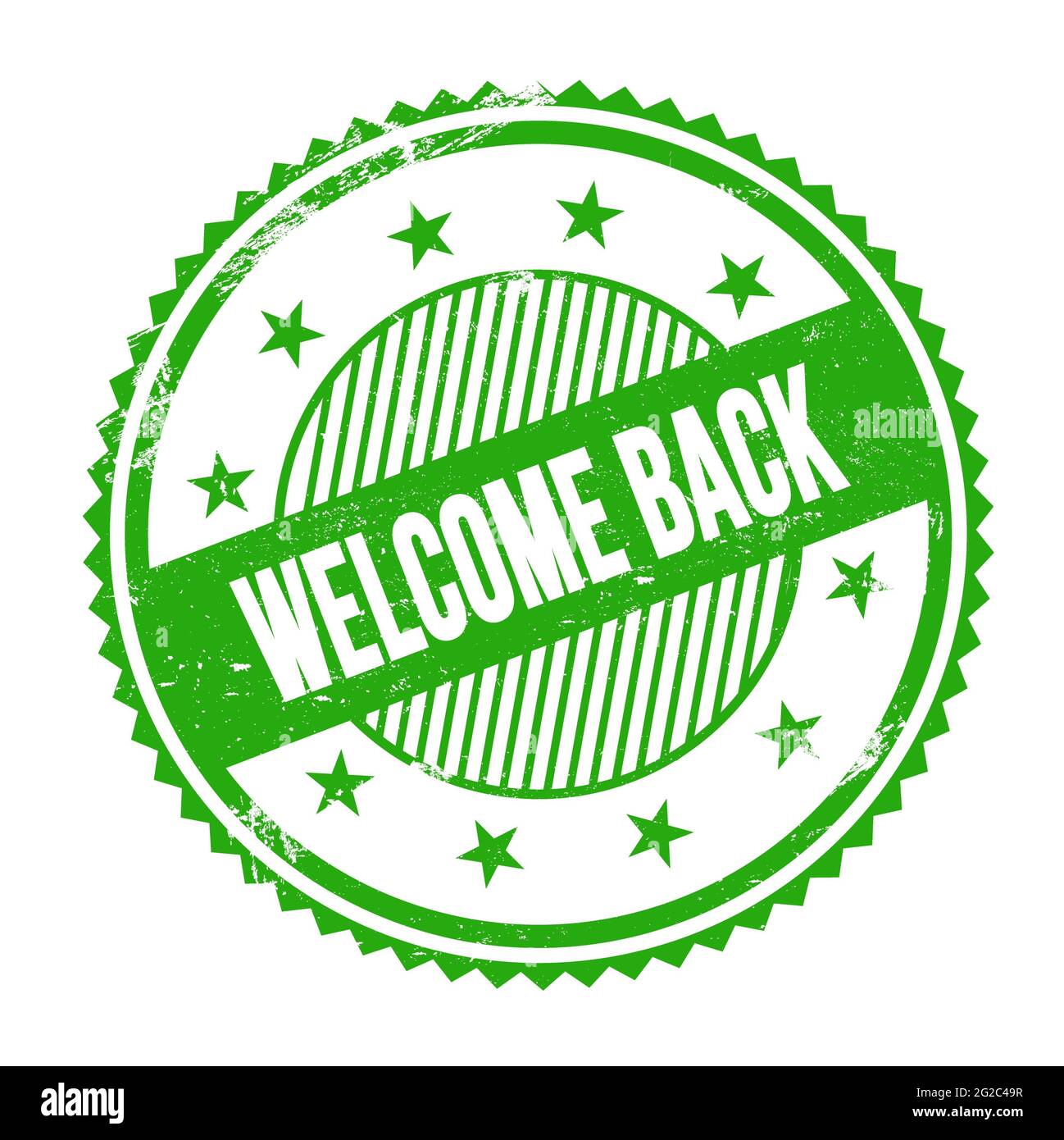 WELCOME BACK text written on green grungy zig zag borders round stamp ...