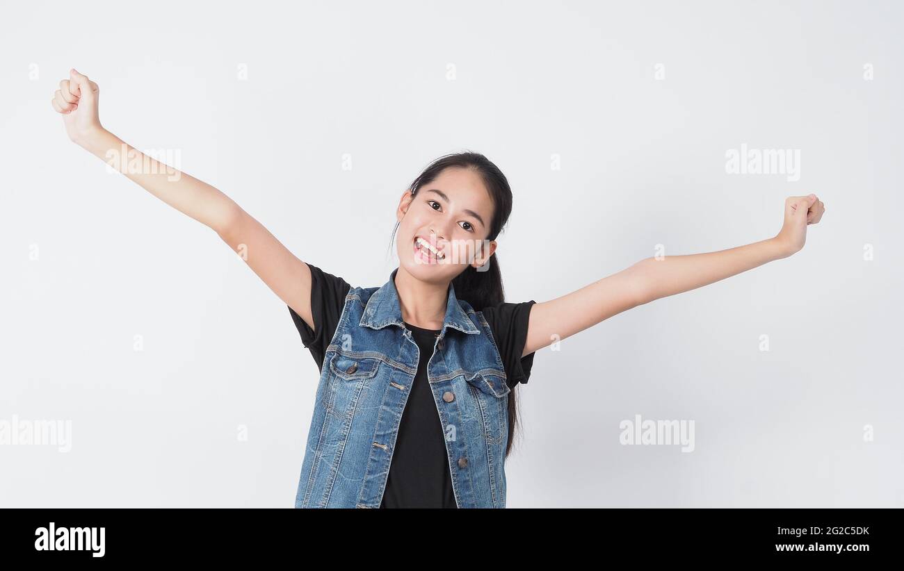 Asian Young woman gesture posing on white background. represent ...