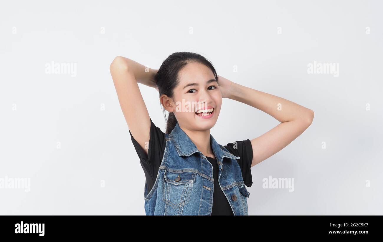 Asian Young woman gesture posing on white background. represent ...