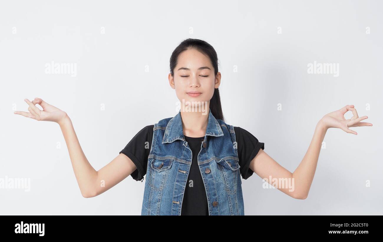 Asian Young woman gesture posing on white background. represent ...