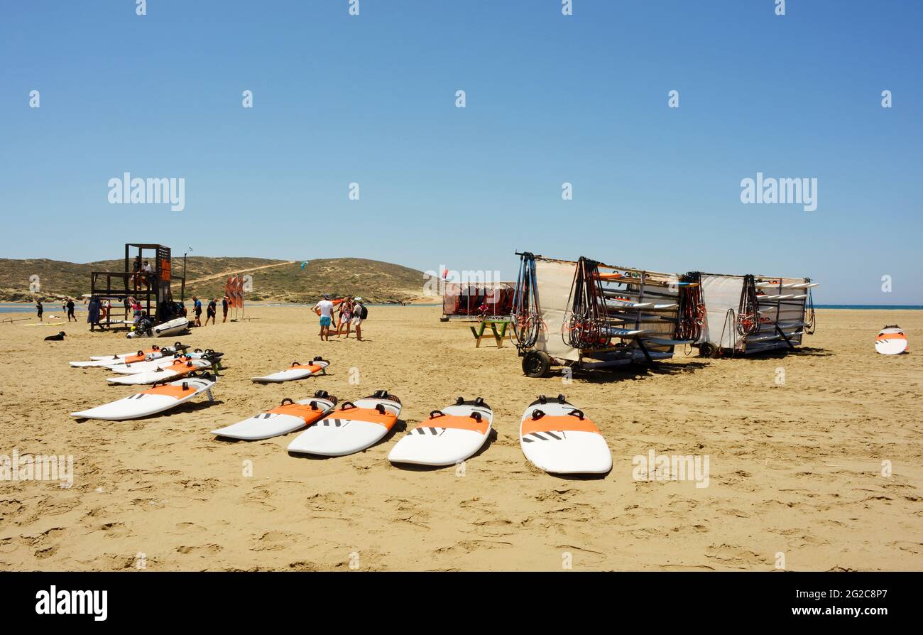 Prasonisi, Greece 05-31-2021 surf equipment and surfbords on a sand ...