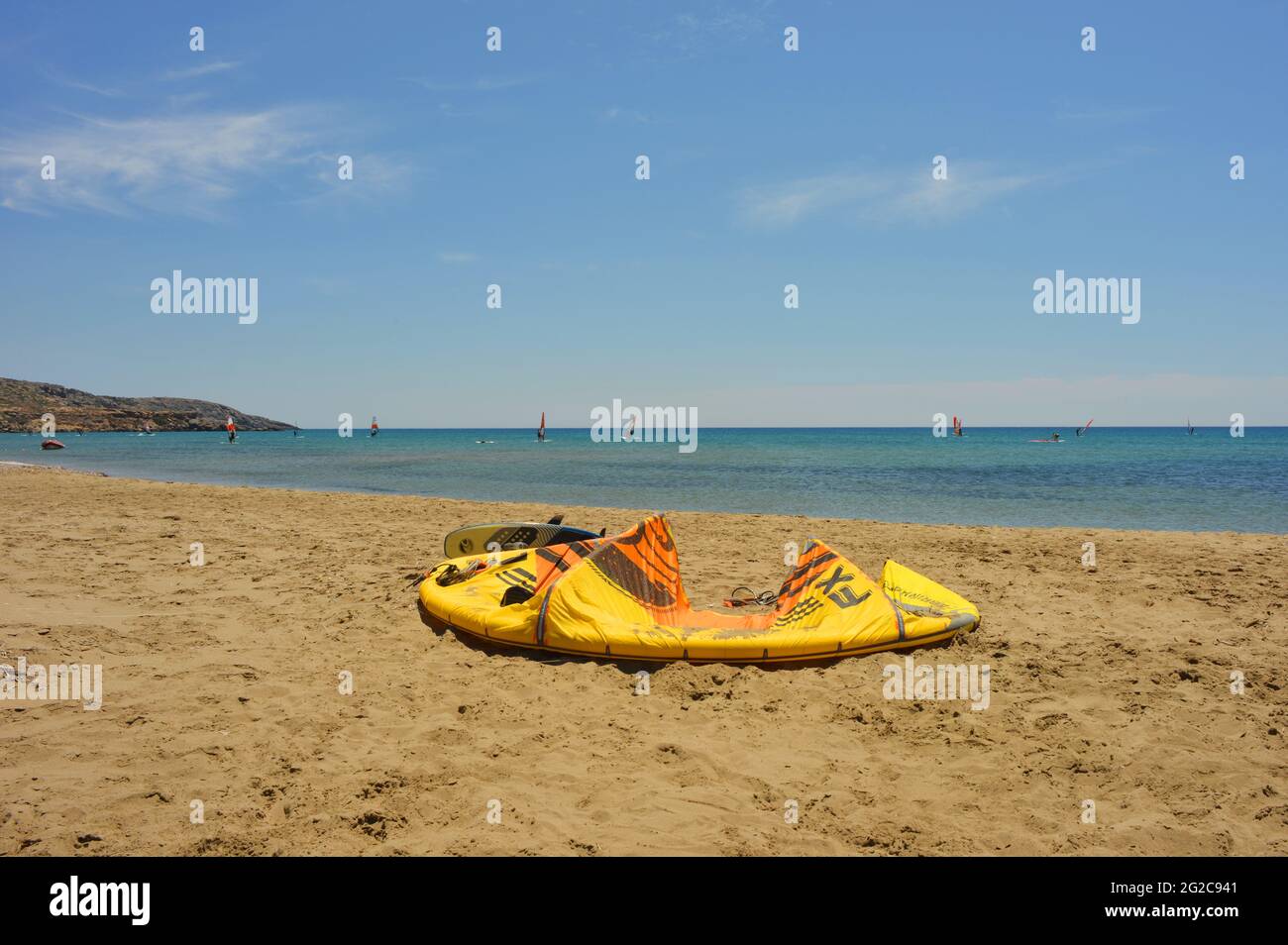 Prasonisi, Greece 05-31-2021 surf and kit equipment on the beach and ...