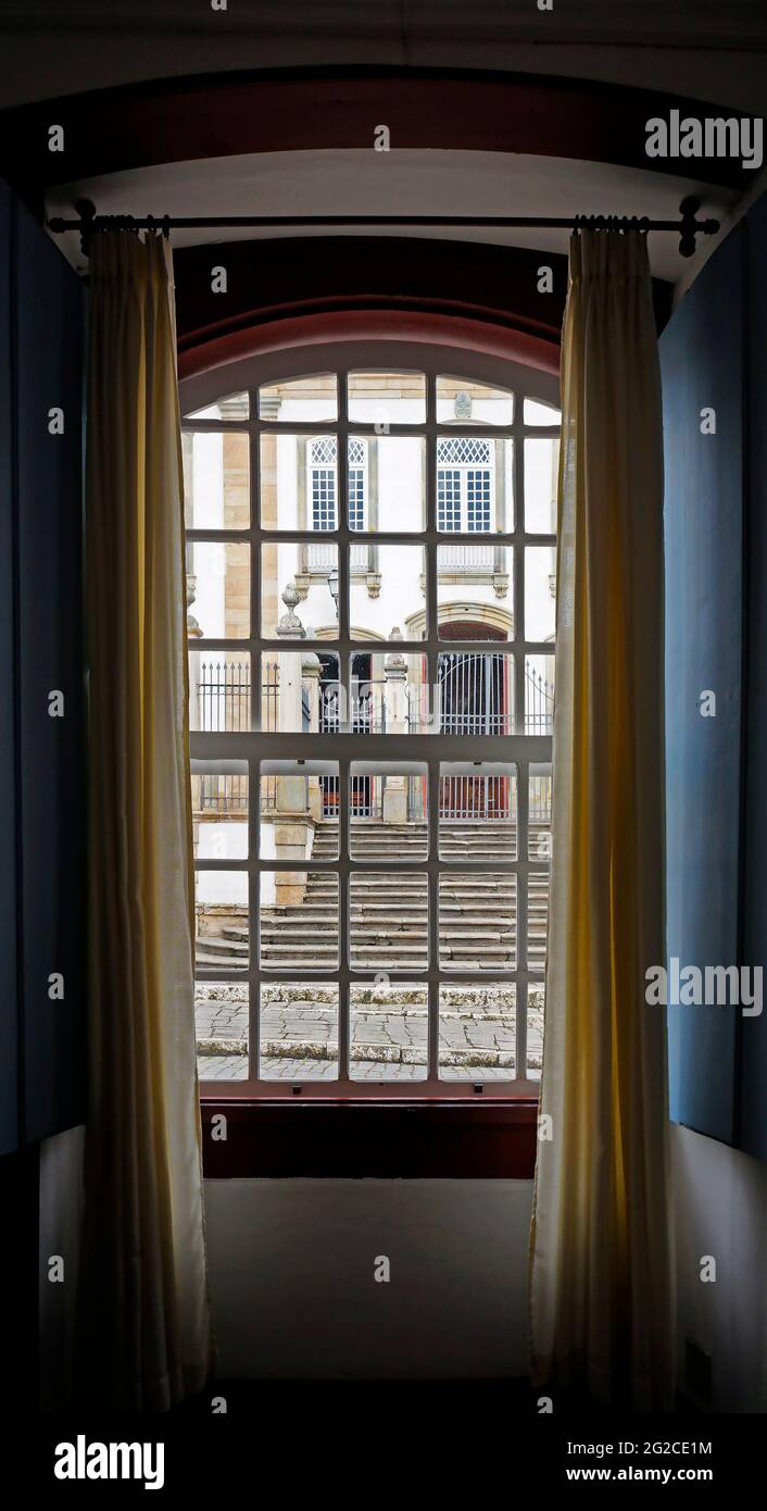 View of baroque church through colonial window, Sao Joao del Rei Stock ...