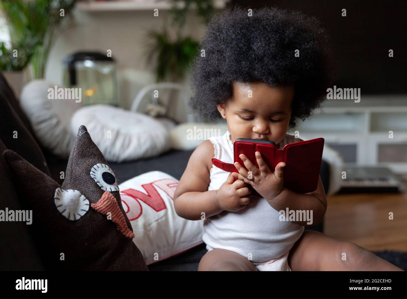 Toddler girl using cell phone Stock Photo - Alamy