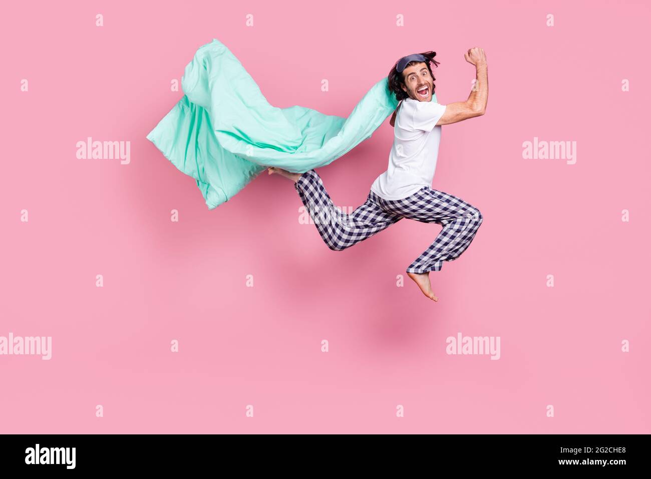 Full size photo of happy funky funny smiling man jumping with blanket ...