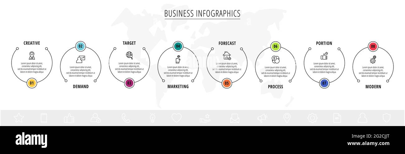Minimal infographics with eight line circles elements. Vector modern ...