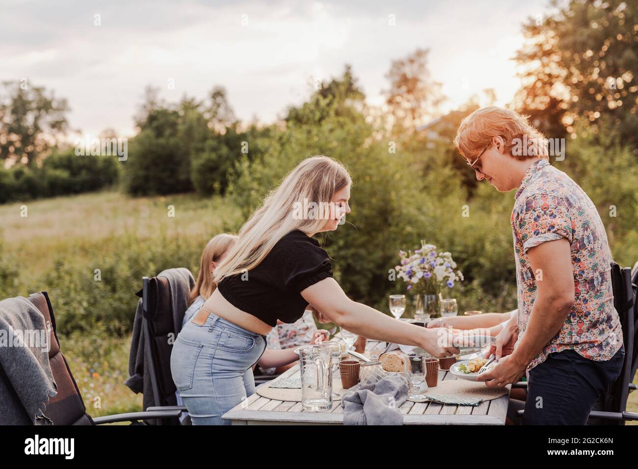 Friends during garden party Stock Photo - Alamy