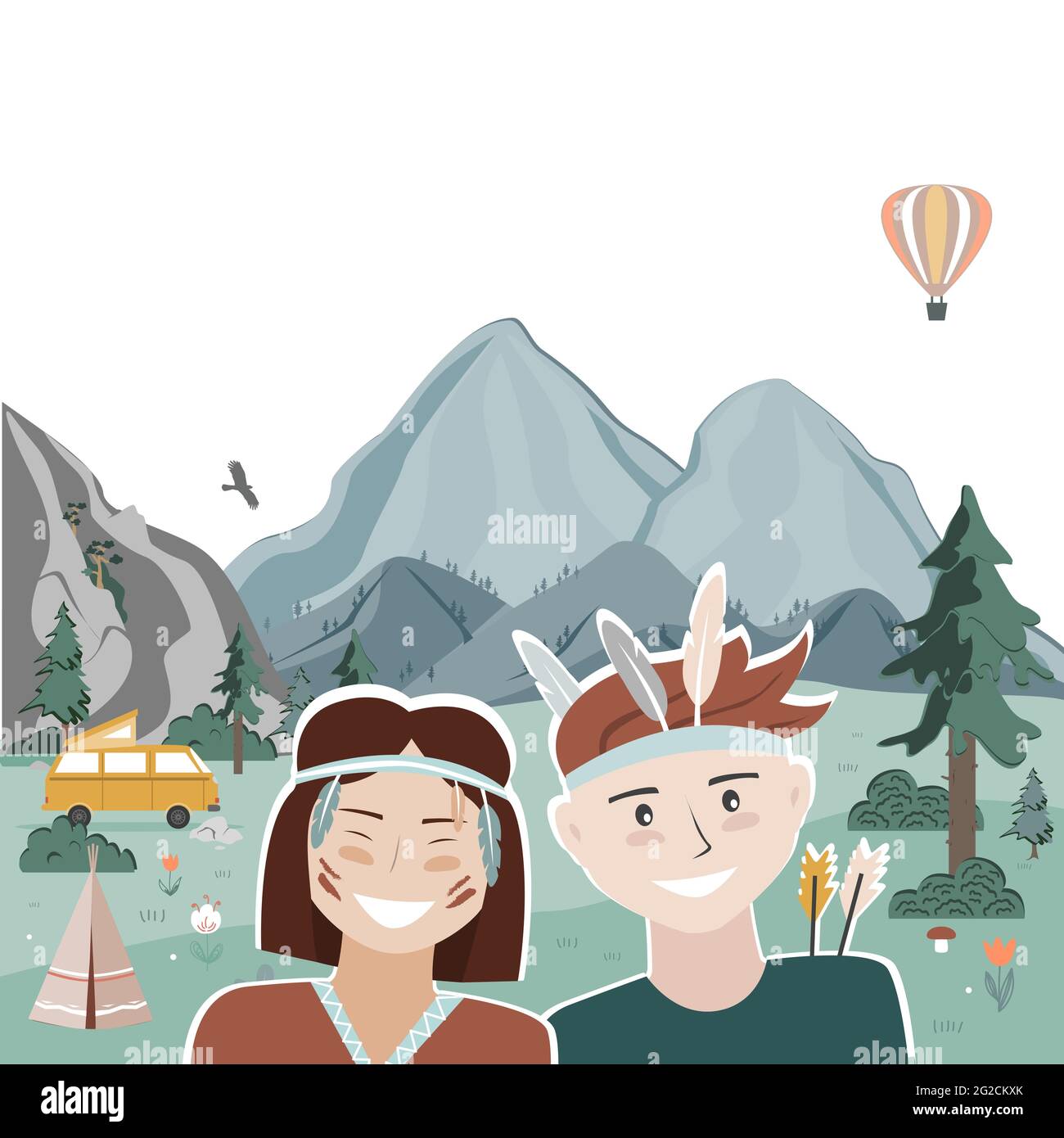 Summer camping landscape with happy kids dressed in tribal clothing ...