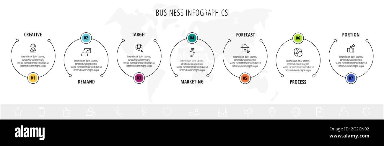 Minimal infographics with seven line circles elements. Vector modern ...
