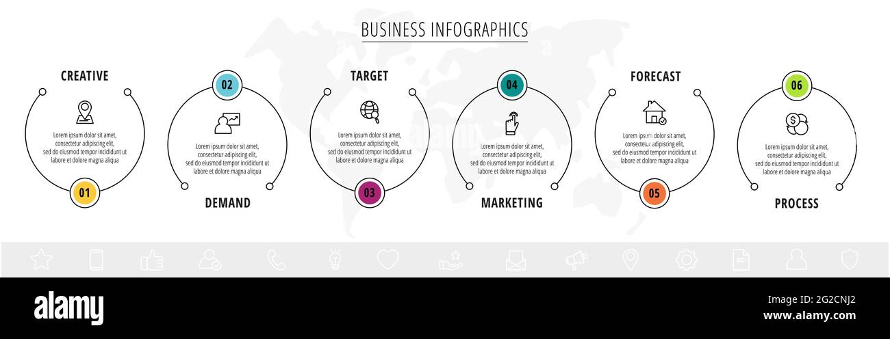 Minimal infographics with six line circles elements. Vector modern ...