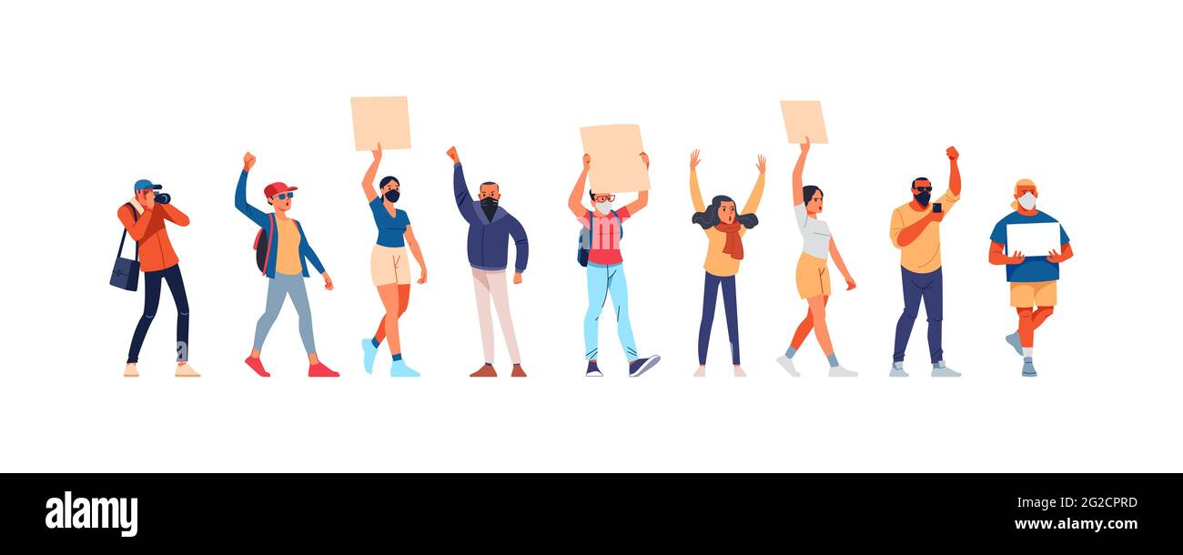 Protesting people-activists at the rally with placards and masks. The ...