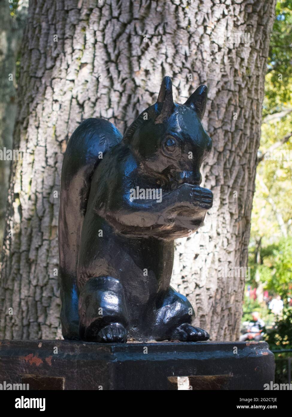 A metal, wrought iron black squirrel sculpture eating an acorn at a ...