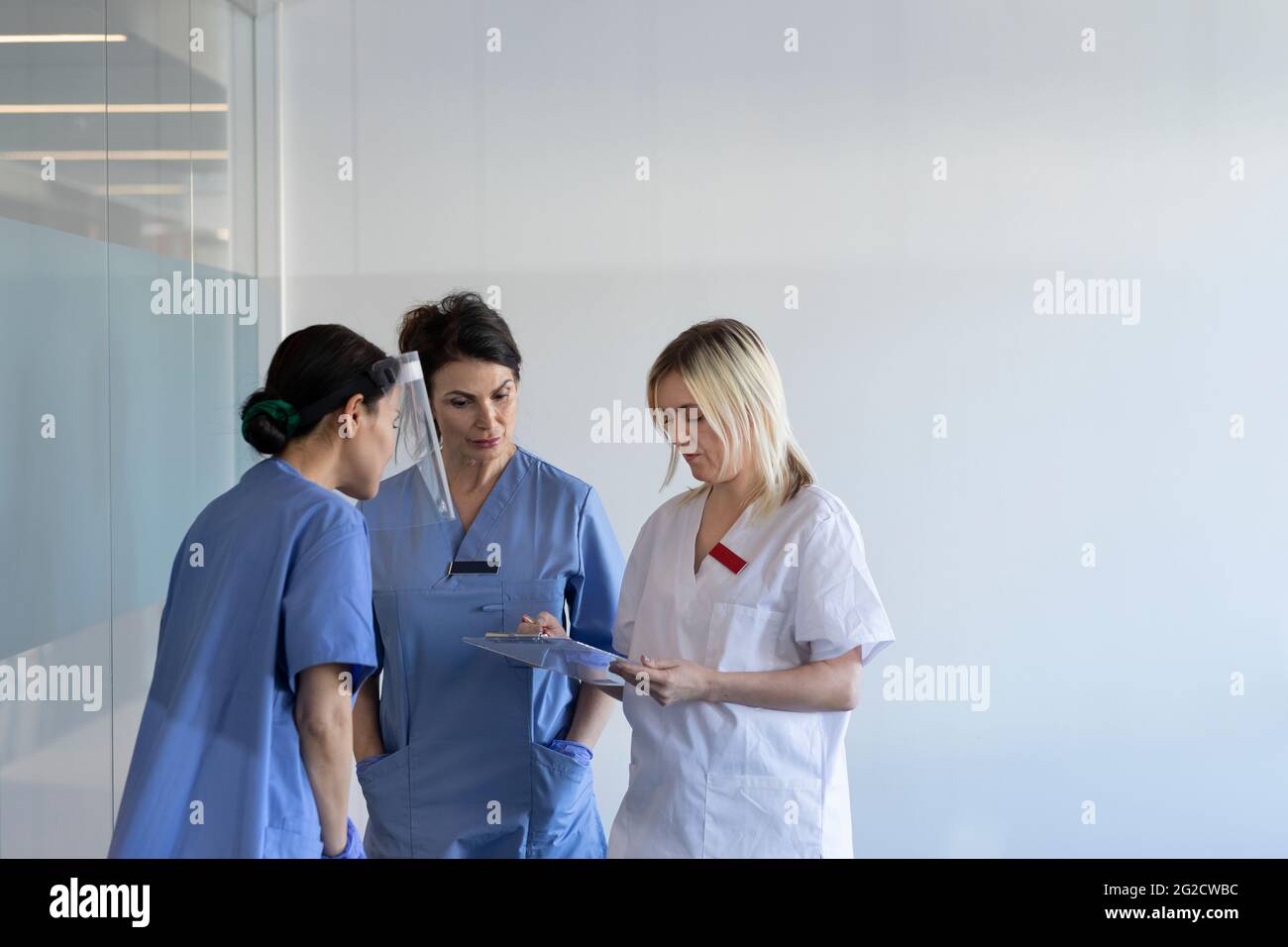 Female nurses and doctor checking file Stock Photo - Alamy